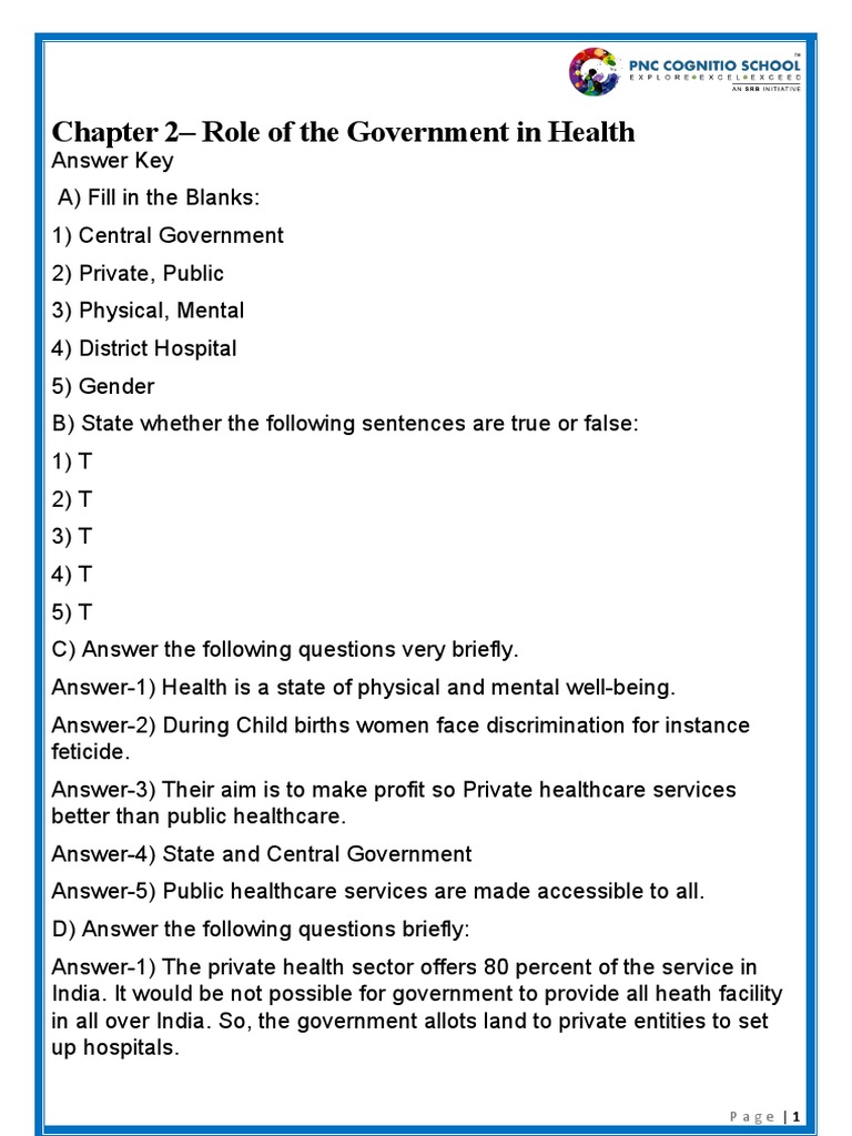 Chapter 2 - Role of The Government in Health (Answer Key) | PDF ...