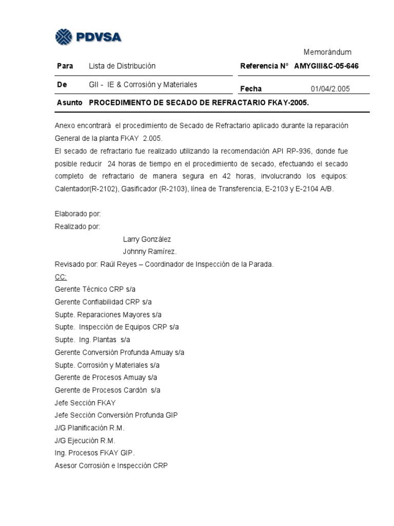 Procedimiento de Secado de Refractario | PDF Procedimiento de Secado de Refractario | PDF