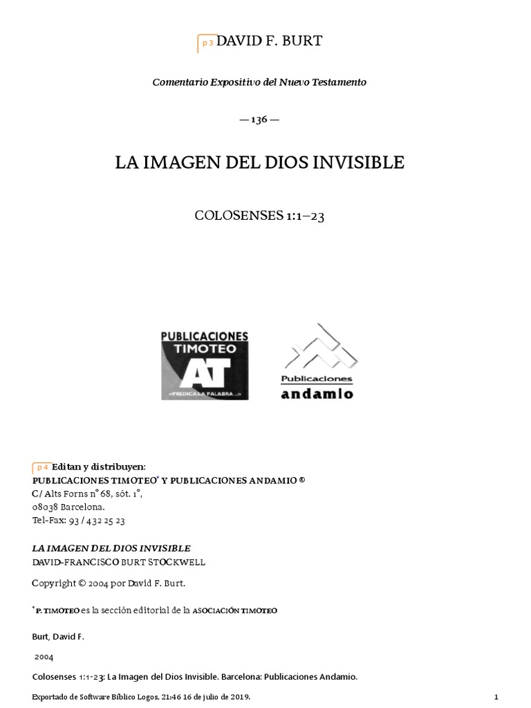 BURT, David F. La Imagen Del Dios Invisible. Comentario N.T. Colosenses ...