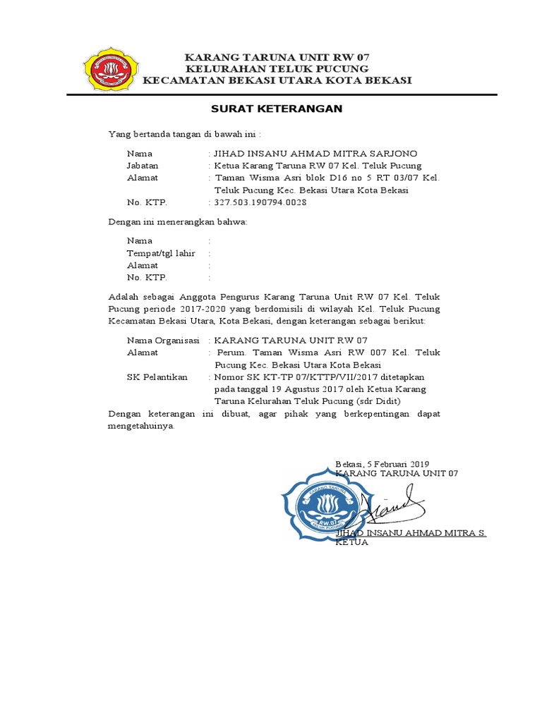 Surat Pernyataan Anggota Karang Taruna | PDF