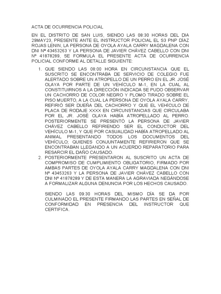ACTA DE OCURRENCIA POLICIAL | PDF