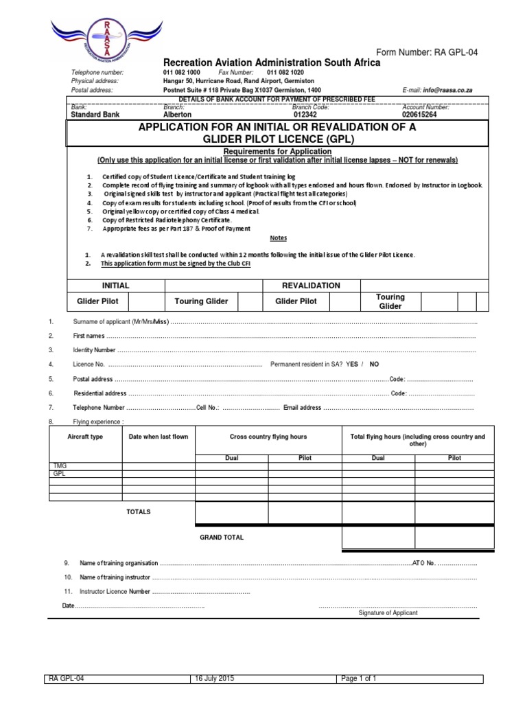 Glider Pilot Licence Application Form | PDF