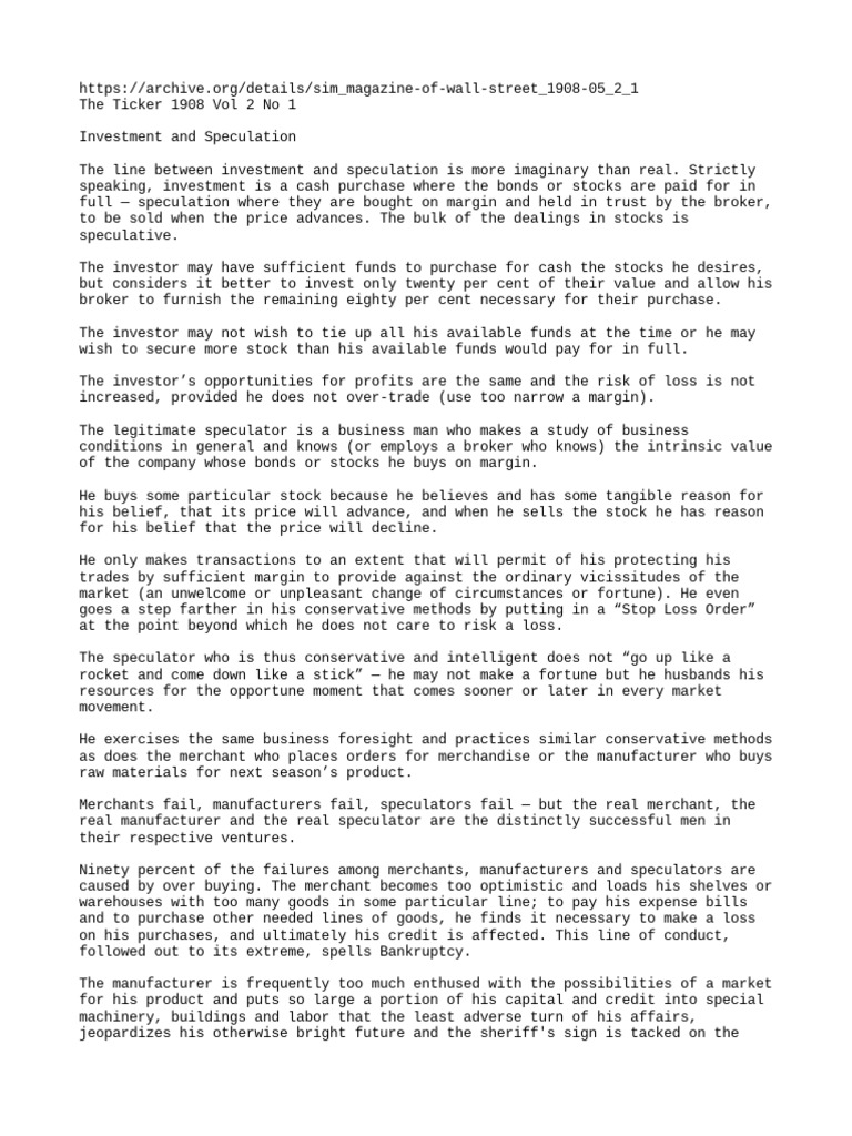 Investment and Speculation | PDF