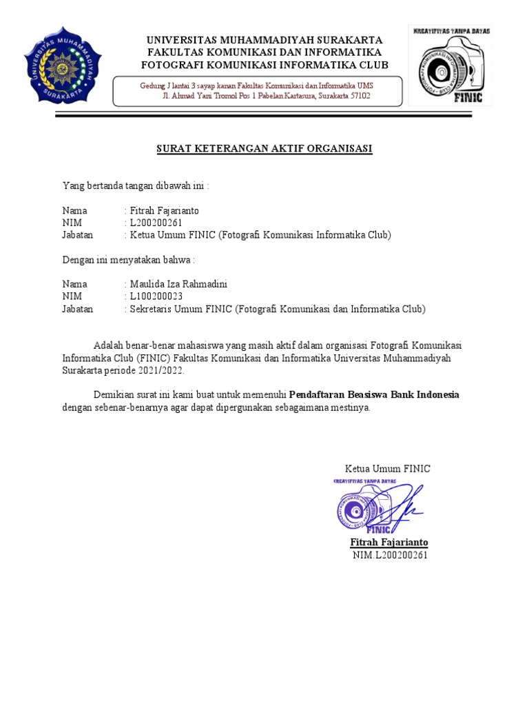 Surat Keterangan Aktif Organisasi Mahasiswa | PDF