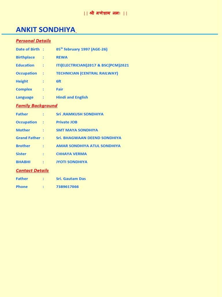 Color Biodata Format For Boy Male Single Page | PDF