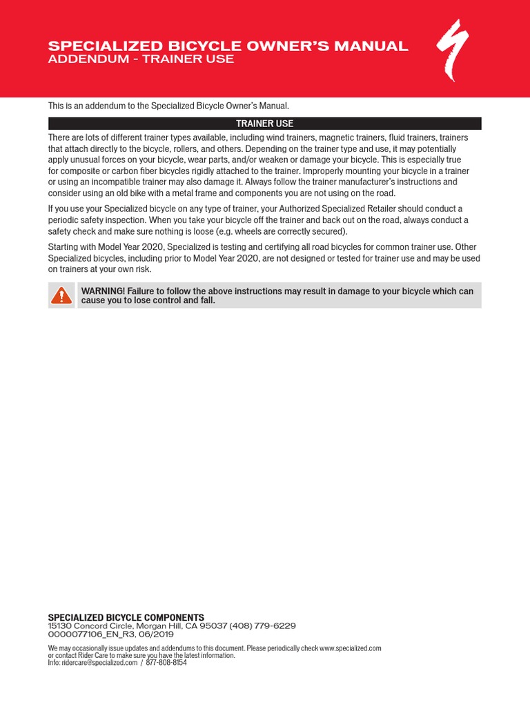 Specialized Bicycle Owner'S Manual: Addendum - Trainer Use | PDF