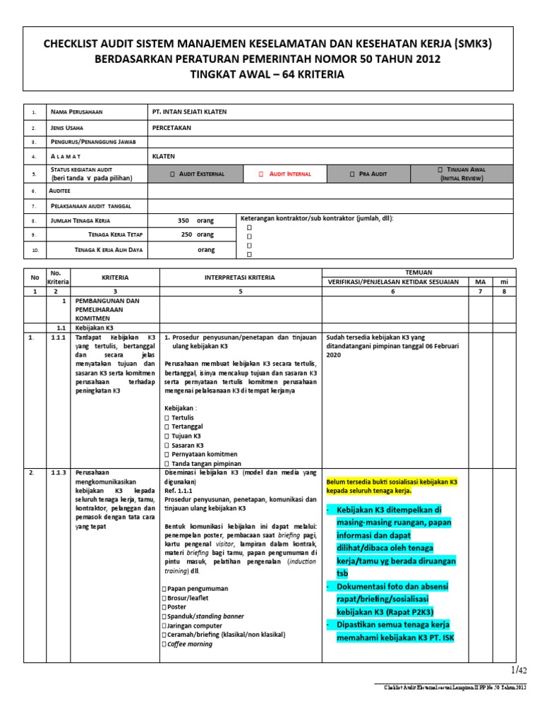 Cek List Detail Audit SMK3 - Zoom | PDF