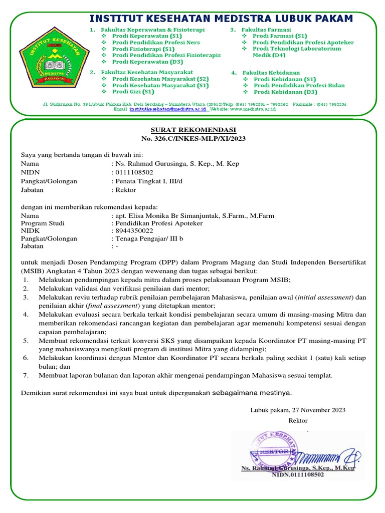 Surat Rekomendasi - Ibu Elisa - MSIB | PDF