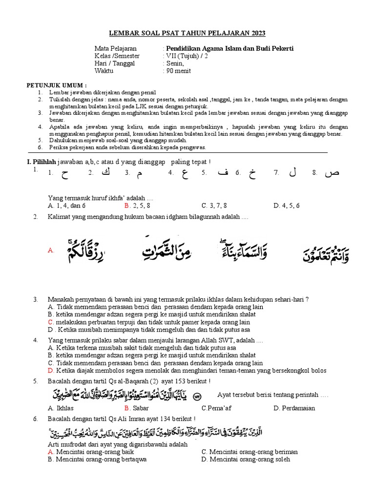 Soal Pabp KLS 7 Psat 2023 | PDF