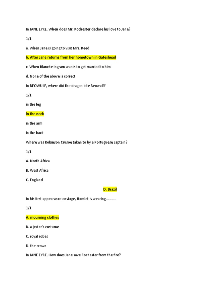 Literature Quiz: Jane Eyre, Hamlet & More | PDF | Jane Eyre | Hamlet