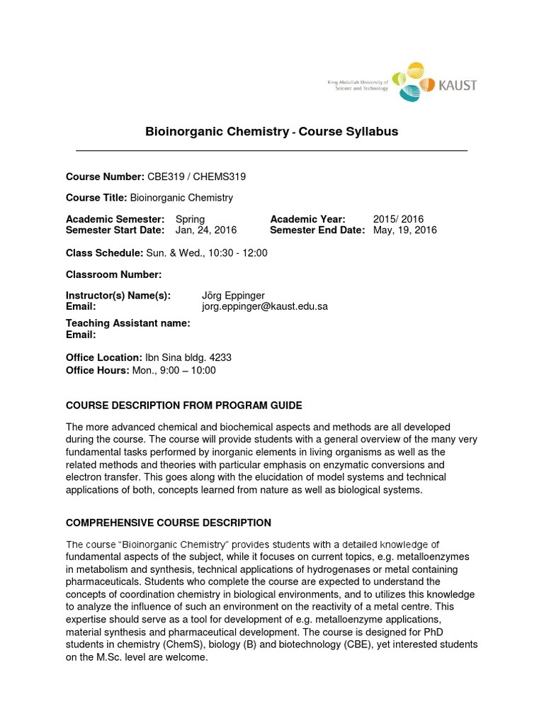 Pse Chems319 Bioinorganic Chemistry Jorg Eppinger | PDF