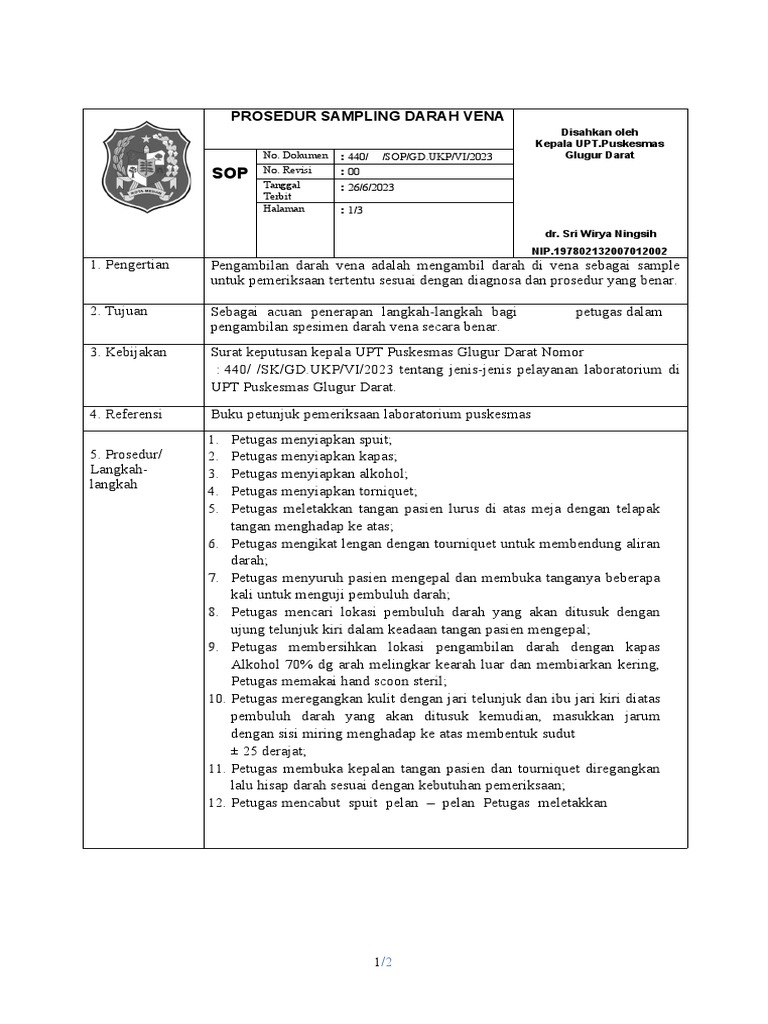 Sop Sampling Darah Vena | PDF