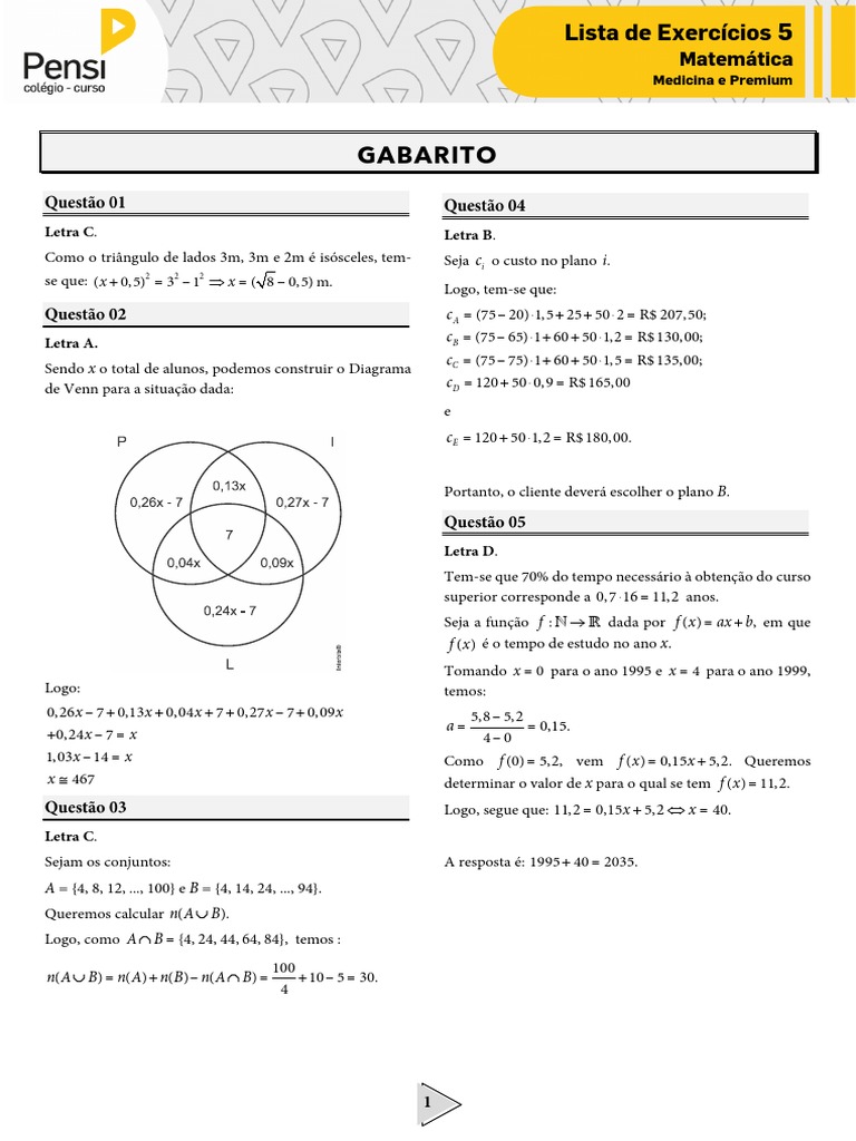 Lista 5 - Matemática - Gabarito (MED - PRM) | PDF | Triângulo
