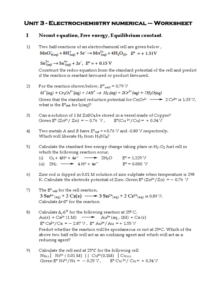 Unit 3 - Electrochemistry Numerical Worksheet - 2023 | PDF