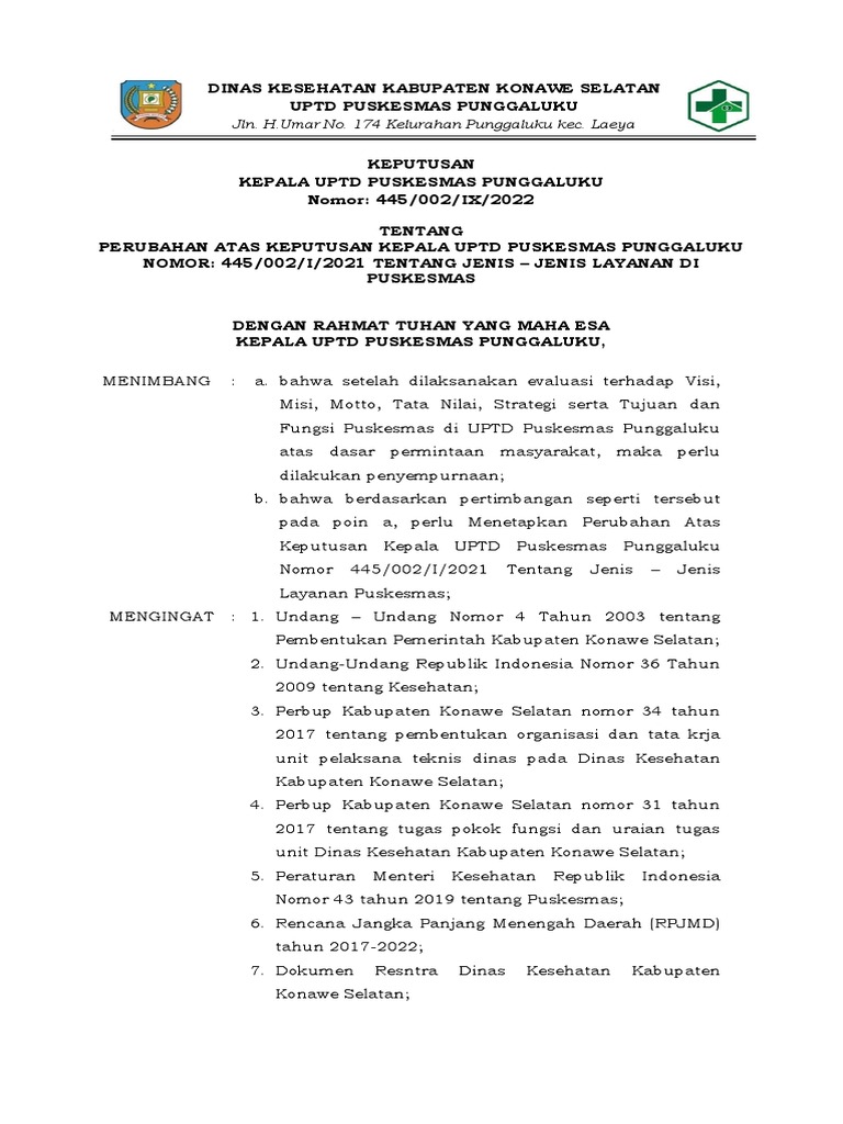 1.1.1 Ep B. SK Tentang Penetapan Jenis - Jenis Pelayanan Puskesmas 2022 | PDF