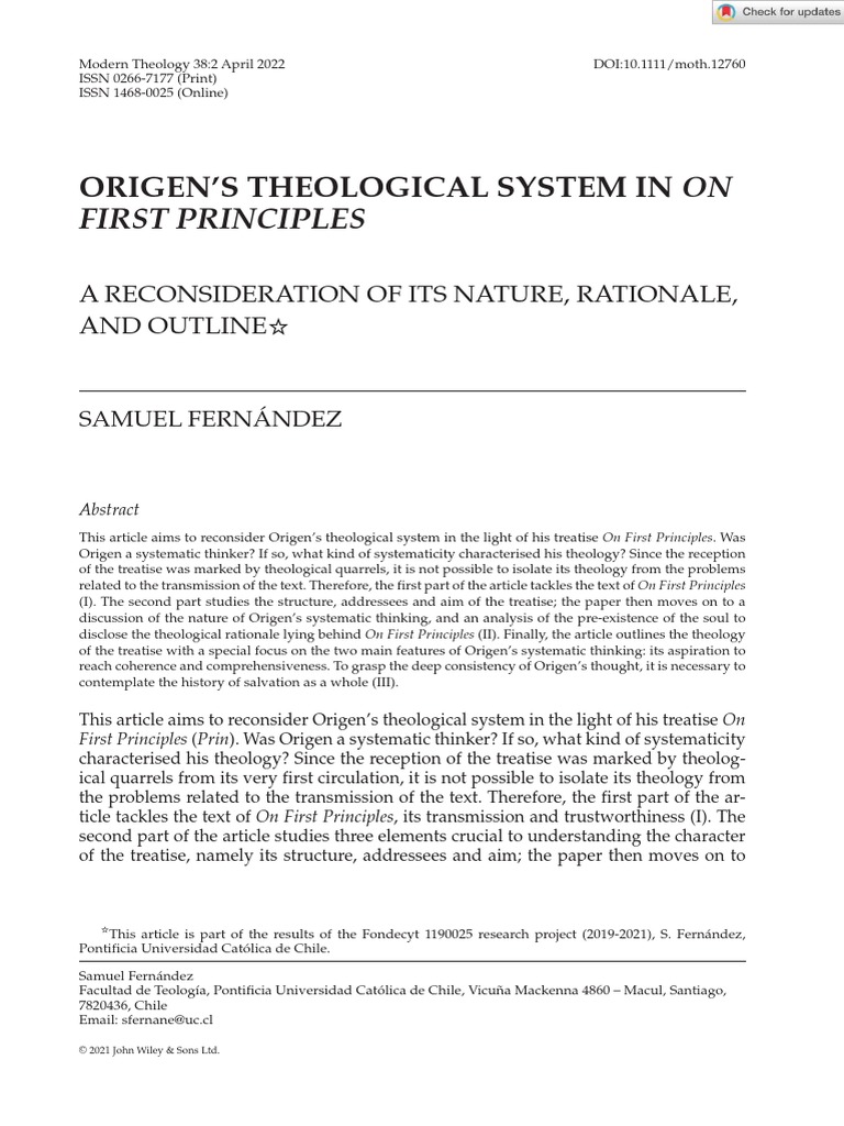 FERNANDEZ Origen S Theological System in On First Principles | PDF