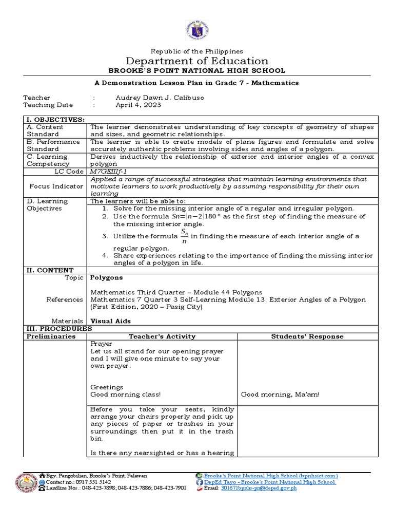Lesson Plan Missing Interior Angles of A Regular Polygon | PDF | Learning | Polygon