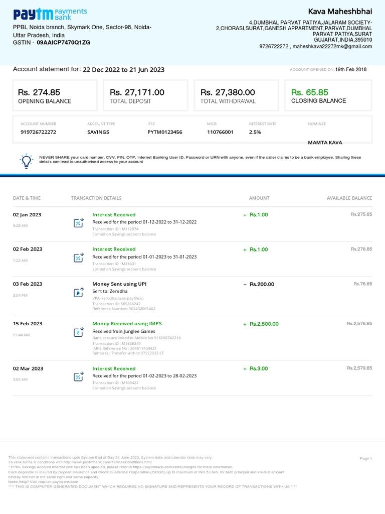 Account Statement 221222 210623 | PDF | Deposit Account | Savings Account