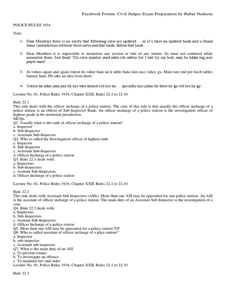 Police Rules 1934 Overview and MCQs | PDF | Finance & Money Management ...