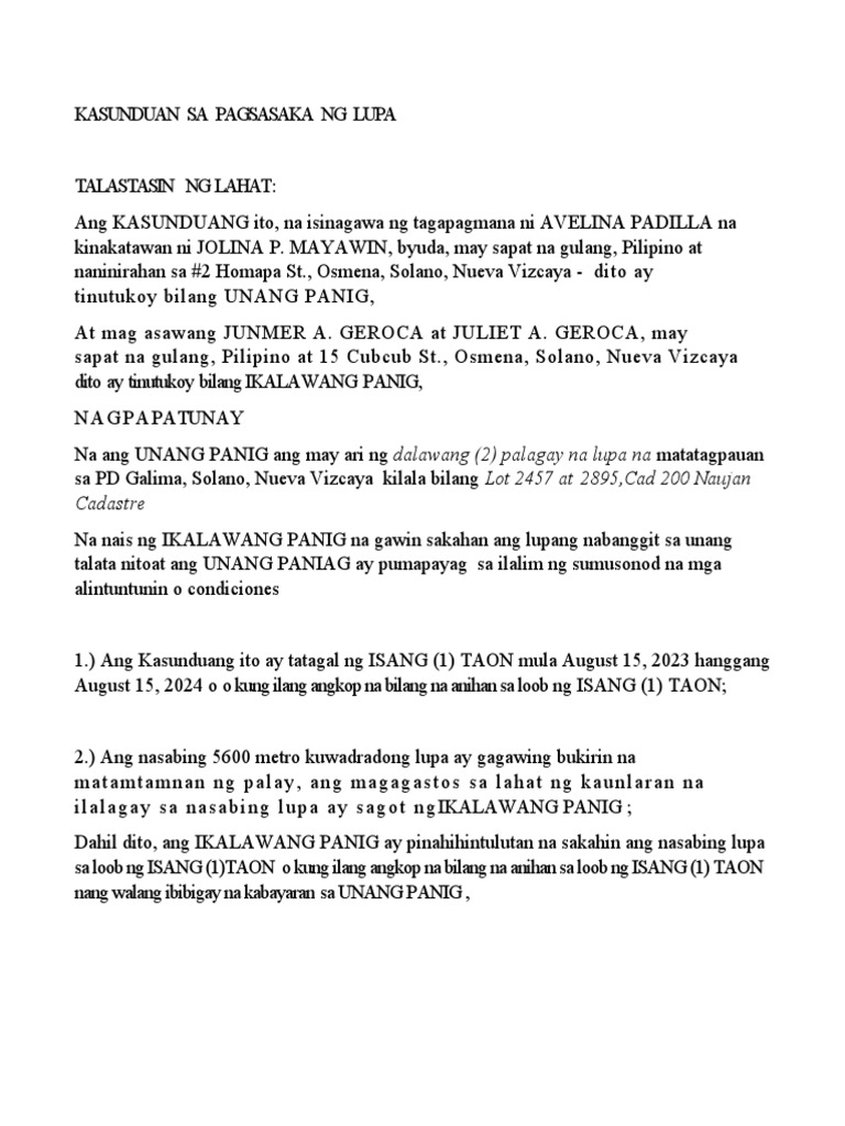 Kasunduan Sa Pagsasaka NG Lupa | PDF