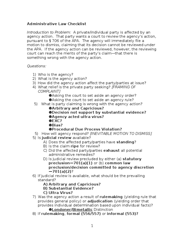Free Law School Outline - Administrative Law Checklist | PDF | Chevron ...