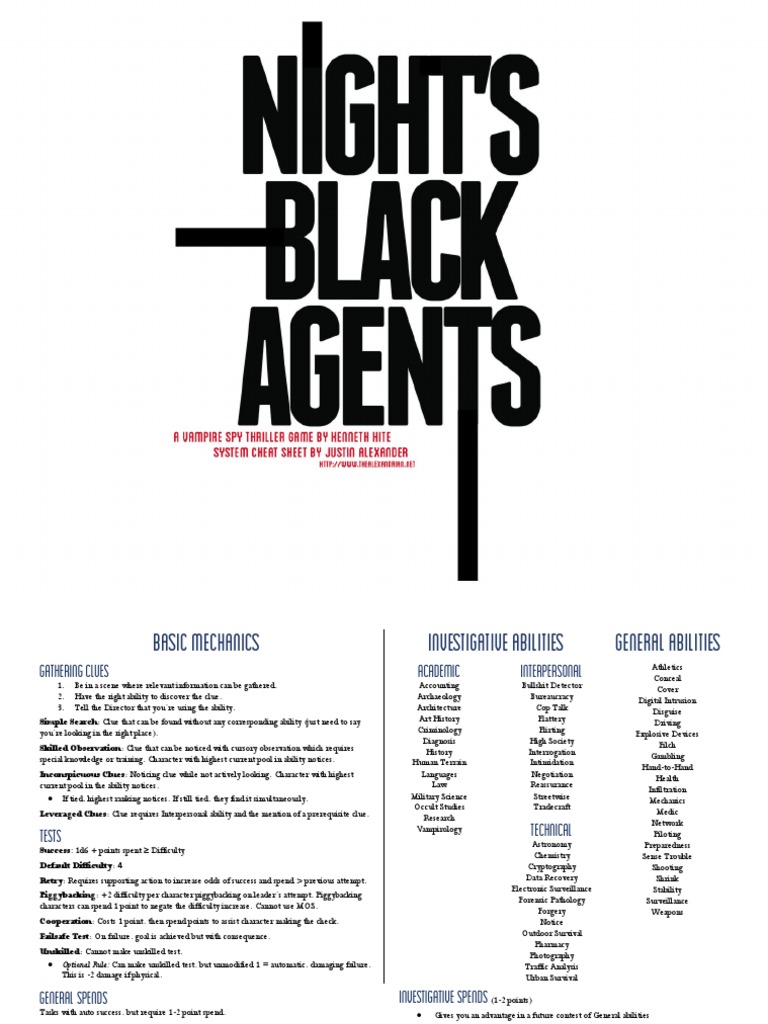 Nights Black Agents Cheat Sheet | PDF