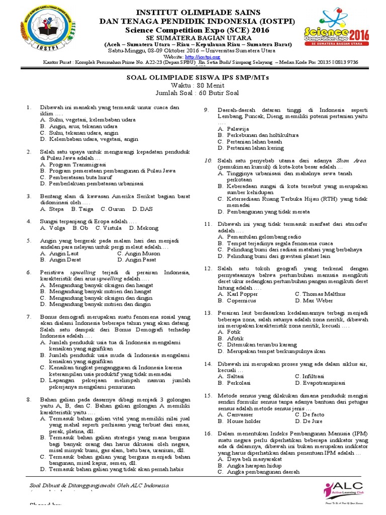 Soal Dan Kunci Olimpiade IPS Siswa SMP SCE 2016 | PDF