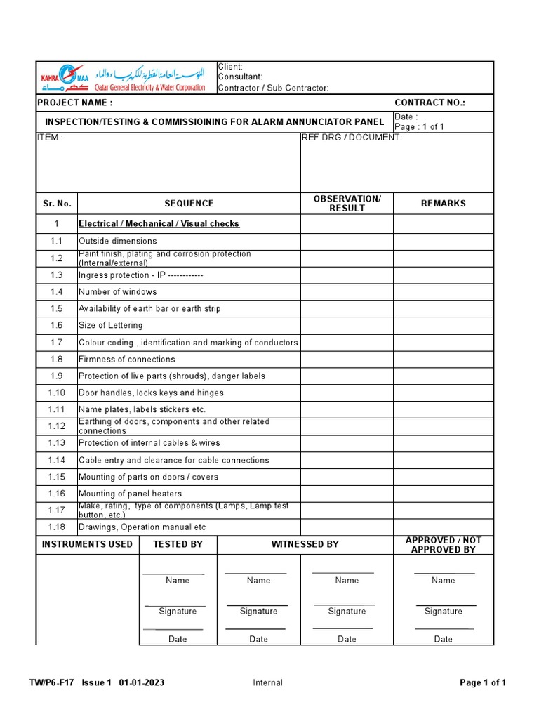 (TW-P6-F17)-Testing Comm. of Alarm Annunciator Panel | PDF