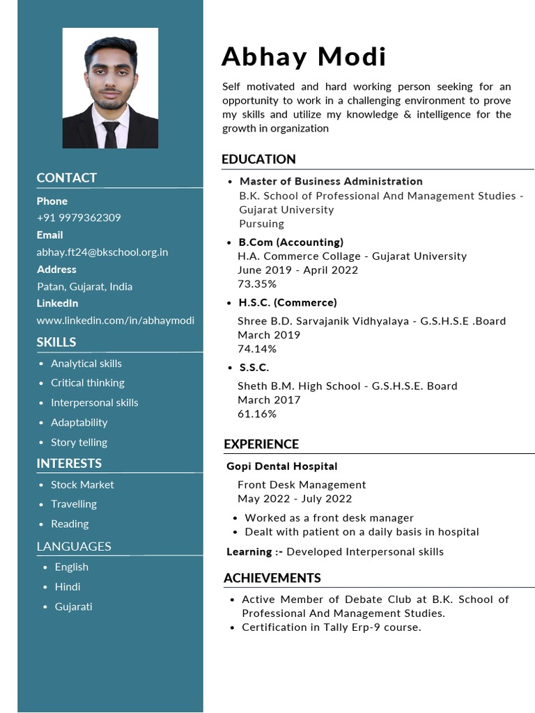 Abhay Modi: MBA Candidate & Front Desk Manager | PDF | Career & Growth