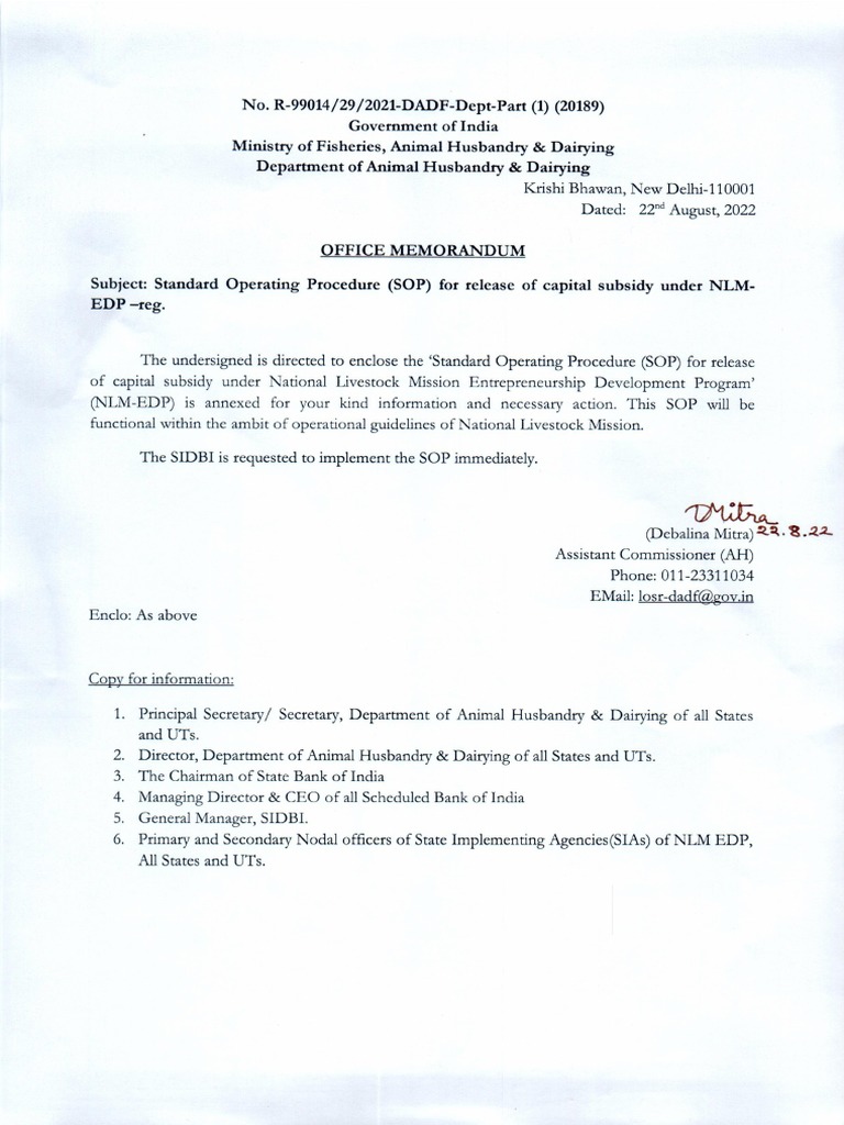 SOP For Release of Capital Subsidy Under NLM-EDP | PDF