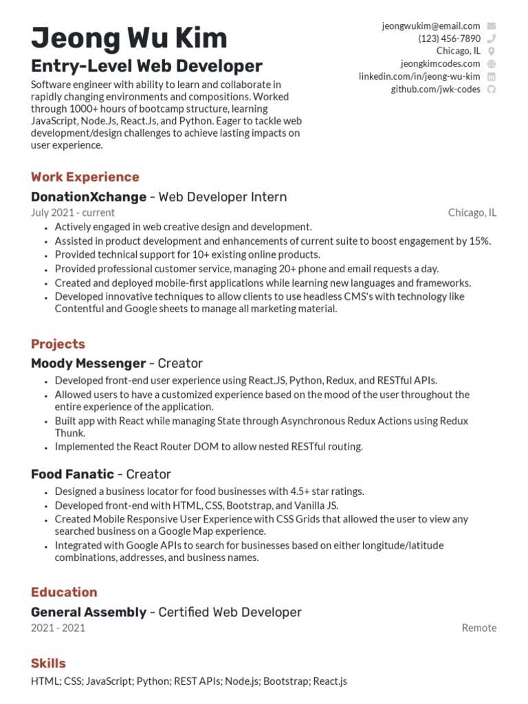 Entry Level Web Developer Resume Example | PDF | World Wide Web | Internet & Web