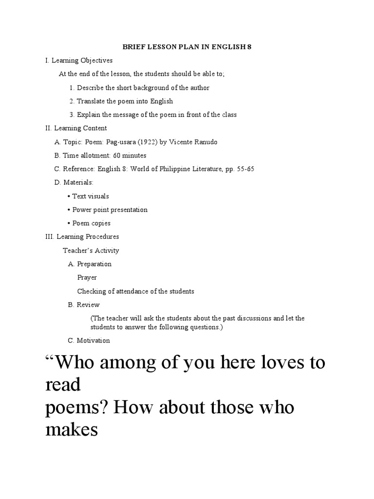 Brief Lesson Plan in English 8 | Download Free PDF | Poetry | Lesson Plan
