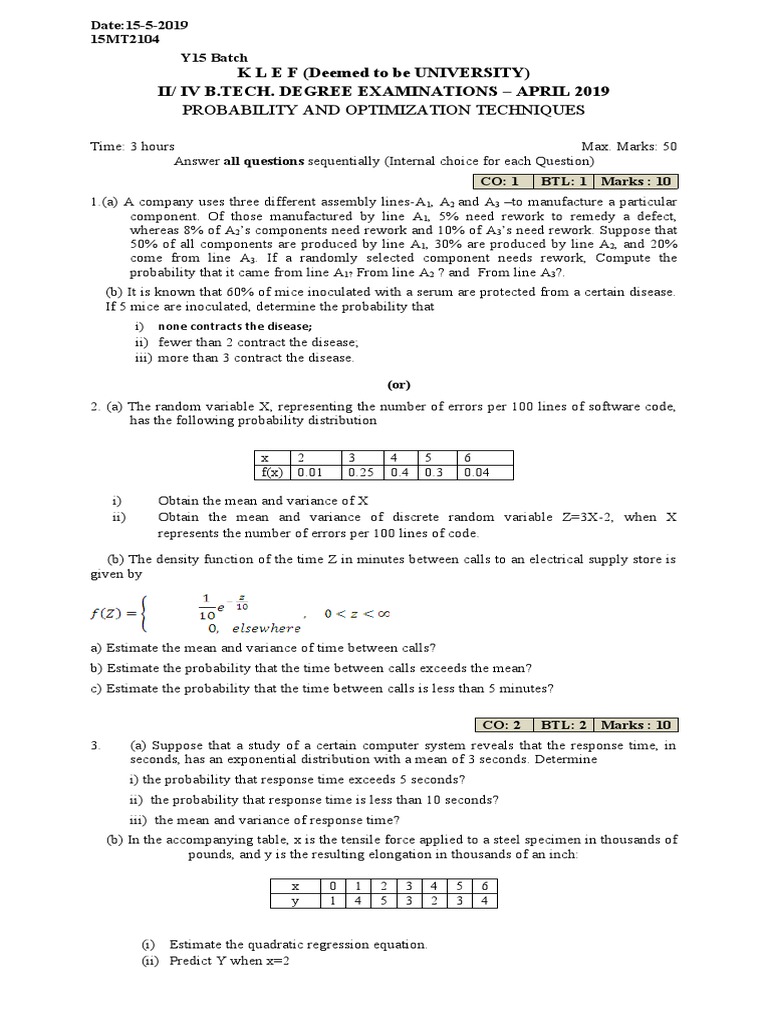 Probability and Optimization Techniques Exam | PDF | Regression Analysis | Variance