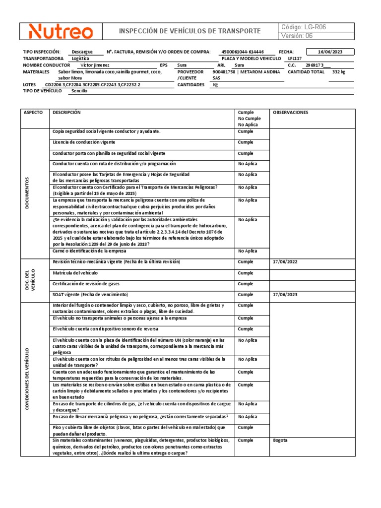Inspección de Vehículos de Transporte: Código: LG-R06 Versión: 06 | PDF | Contaminación | Transporte