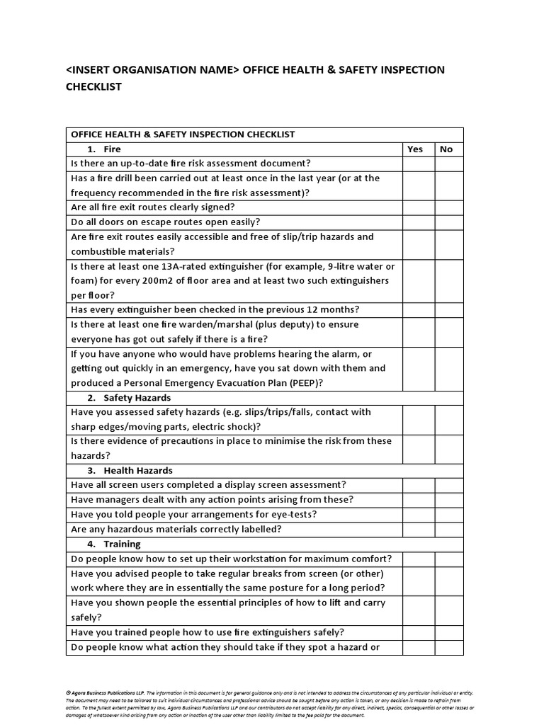 Office Health and Safety Inspection Checklist | PDF | Occupational ...