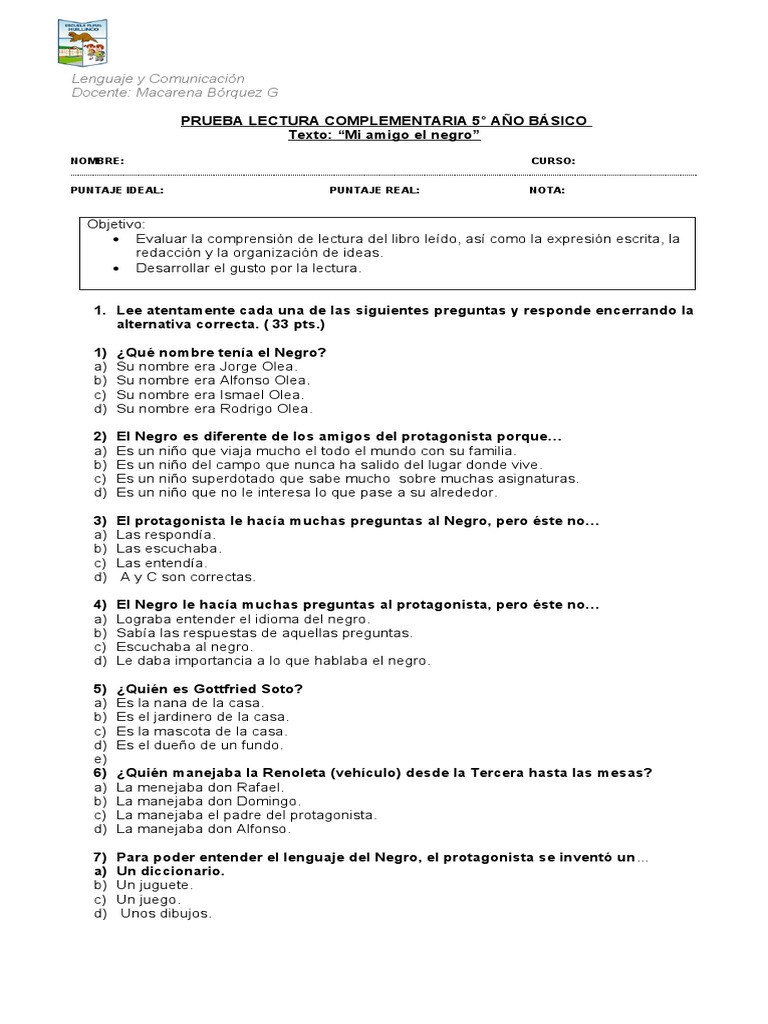 Prueba Lectura Mi Amigo El Negro | PDF