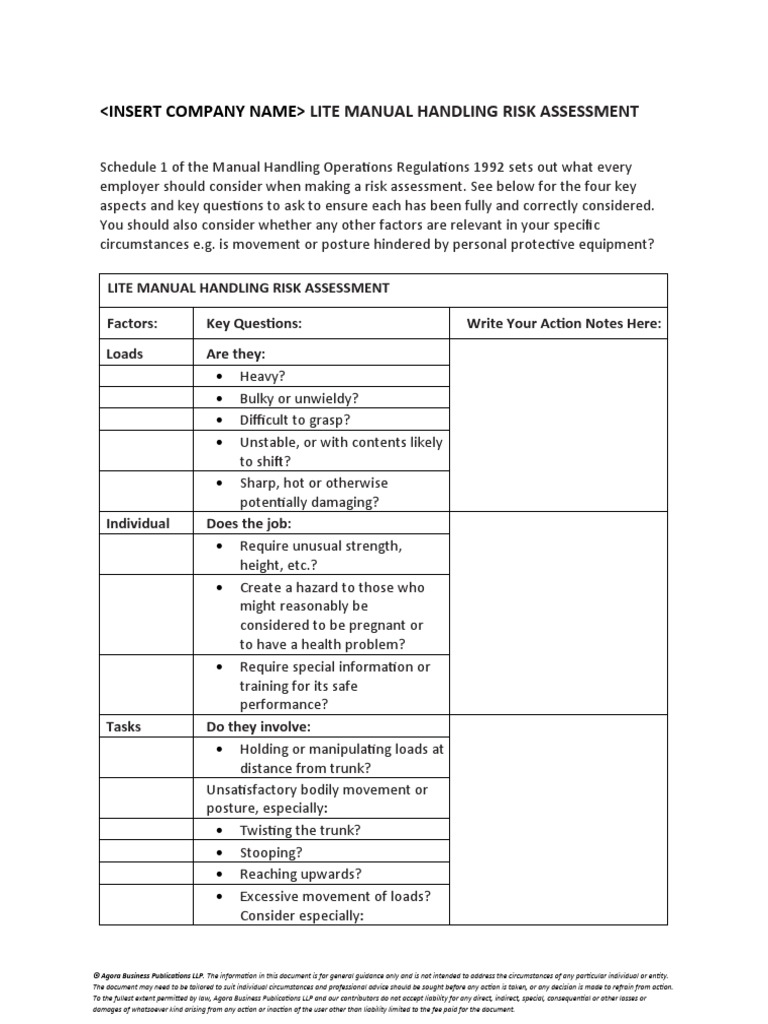 LITE Manual Handling Risk Assessment | PDF | Risk Assessment | Risk