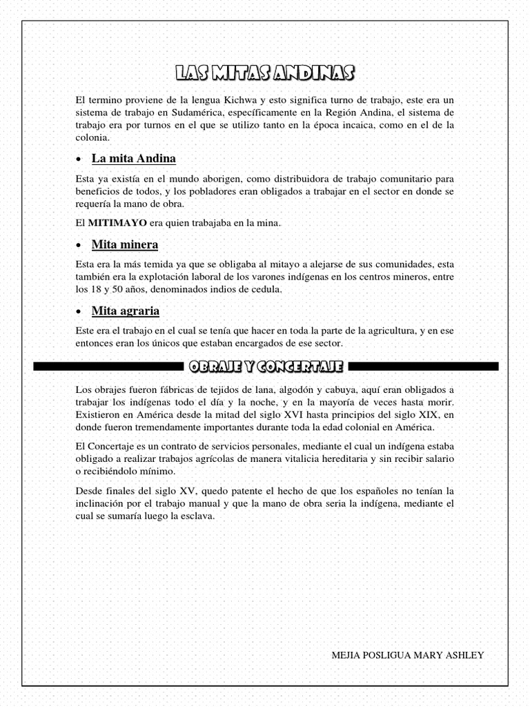 Conclusion de Las Mitas Andinas y El Obraje y Concertaje | PDF | Historia