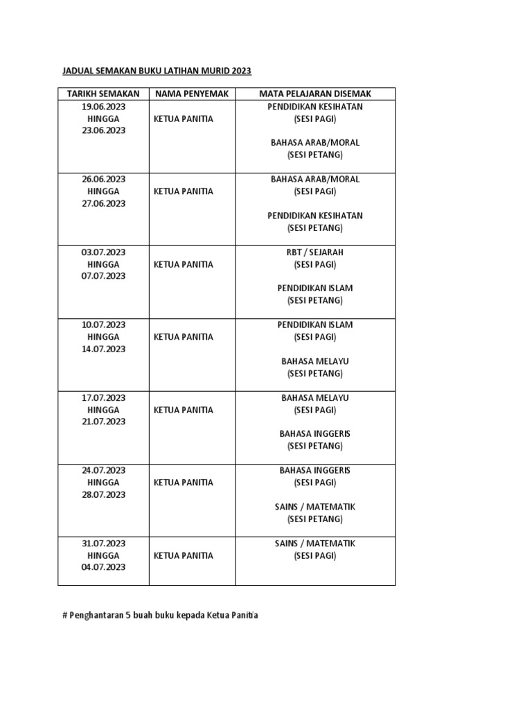 Jadual Semakan Buku Latihan Murid 2023 | PDF