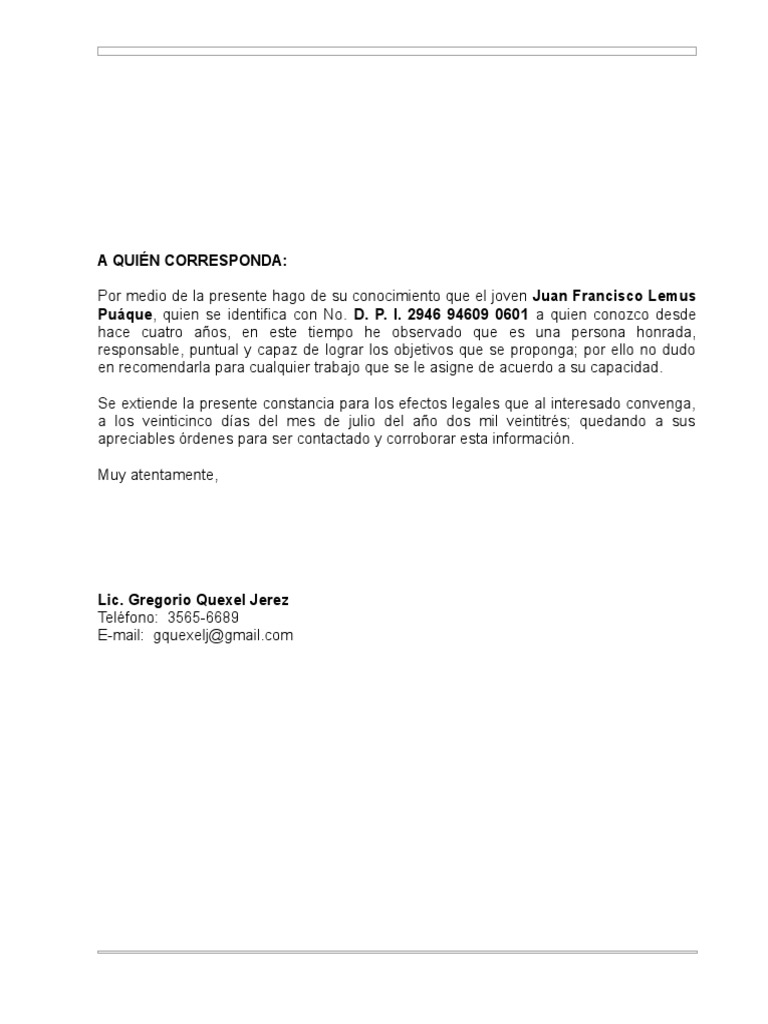 Carta de Juan Lemus | PDF