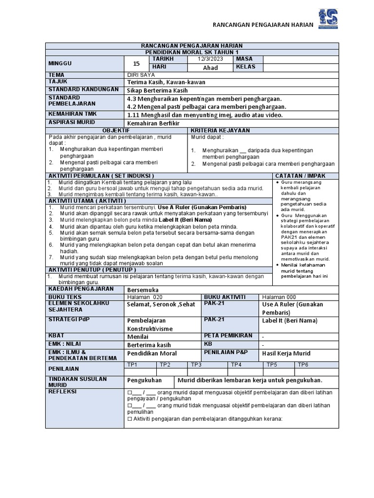 RPH Minggu 15 Pendidikan Moral THN 1 2023 by Cikgu Gorgeous | PDF ...