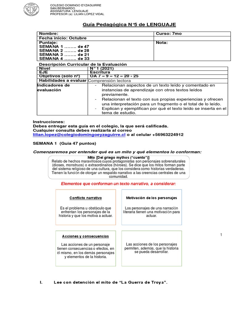 Guia #5 Lenguaje 7° Básico | PDF | Aquiles | guerra troyana