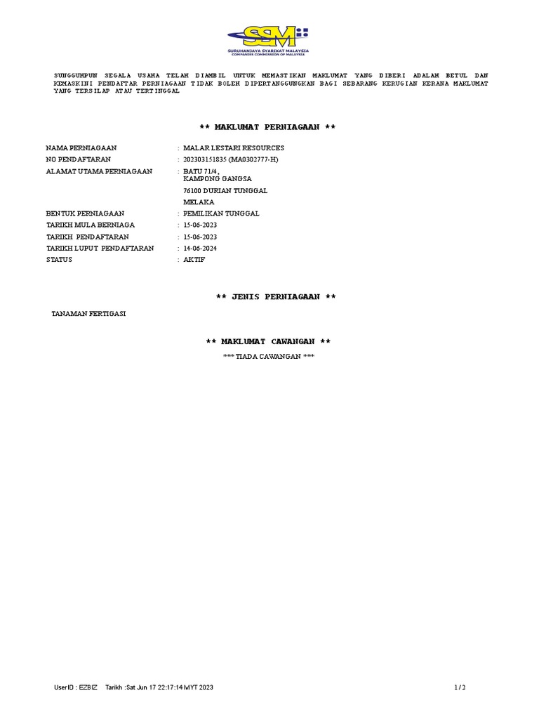 Maklumat Perniagaan Syarikat | PDF