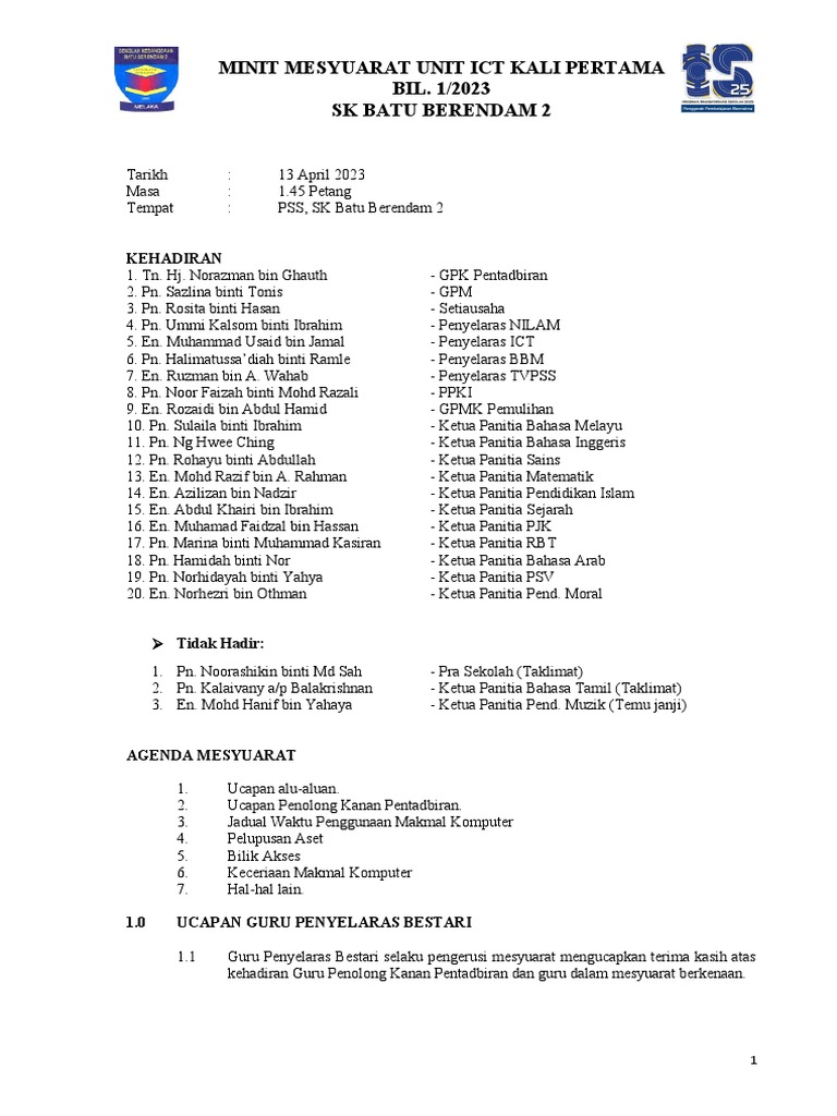 MINIT MESYUARAT UNIT ICT KALI PERTAMA 2023 | PDF