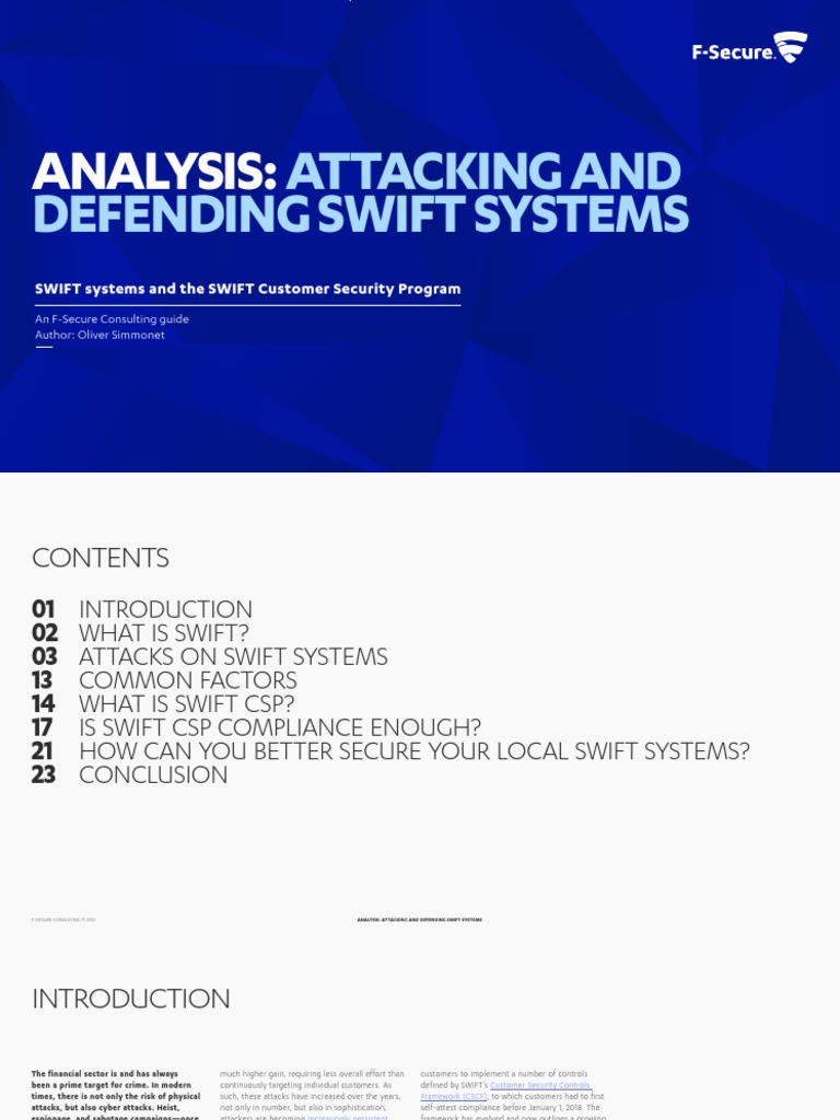 FSecure - Consulting - Analysis Attacking and Defending SWIFT Systems | PDF | Business