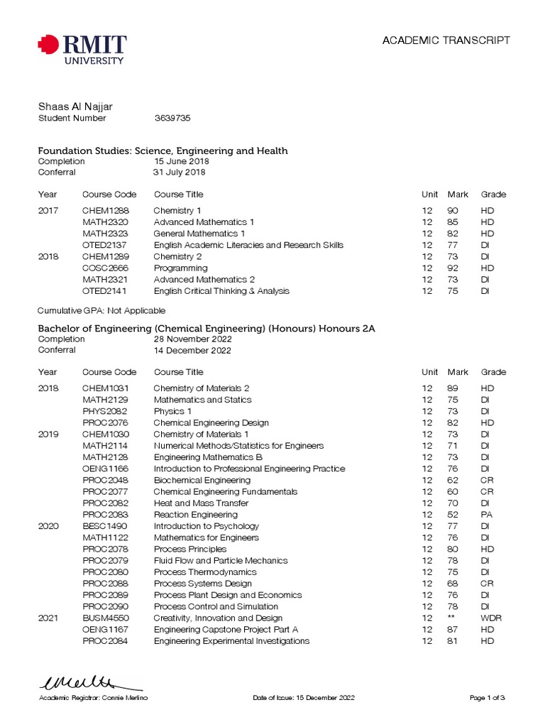 PHYS2082 Academic Transcript Summary | PDF | Chemical Engineering ...