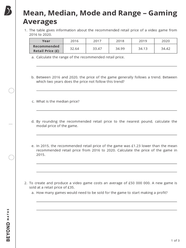 Mean, Median, Mode and Range - Gaming Averages | PDF | Mean | Economies