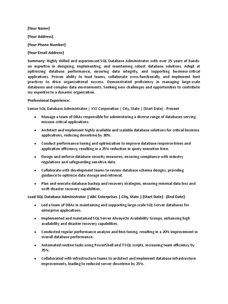 SQL DBA Resume Template For 15 Years Experience | PDF