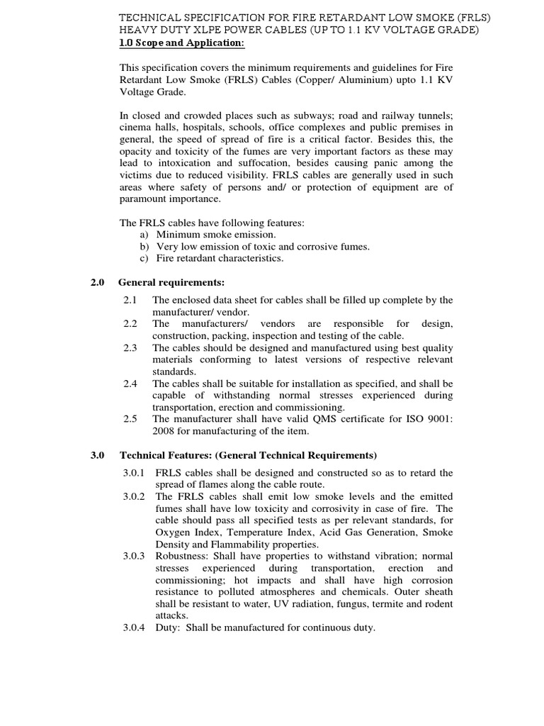 FRLS XLPE Cable Specification Guide | PDF | Building Engineering ...