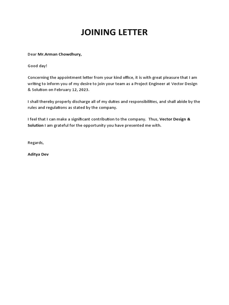 Joining Letter for Project Engineer | PDF | Business | Finance & Money ...